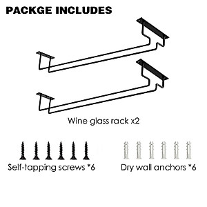 MATILODI 2 Pack 15.8-Inch Long Single Rail Metal Wine Glass Rack - Under Cabinet Stemware Wine Glass Storage Holder with Screws - Wire Wine Glass Hanger for RV Cabinet Kitchen Bar (Gold, 2)