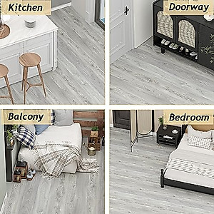 Freshtour Peel and Stick Floor Tile, 36 PCS/54 Sq.Ft Self-Adhesive Wood Vinyl Plank Flooring, Waterproof Wear-Resistant DIY Floor Tiles for Bedroom Kitchen Living Room RV (36" x 6", Light gray)