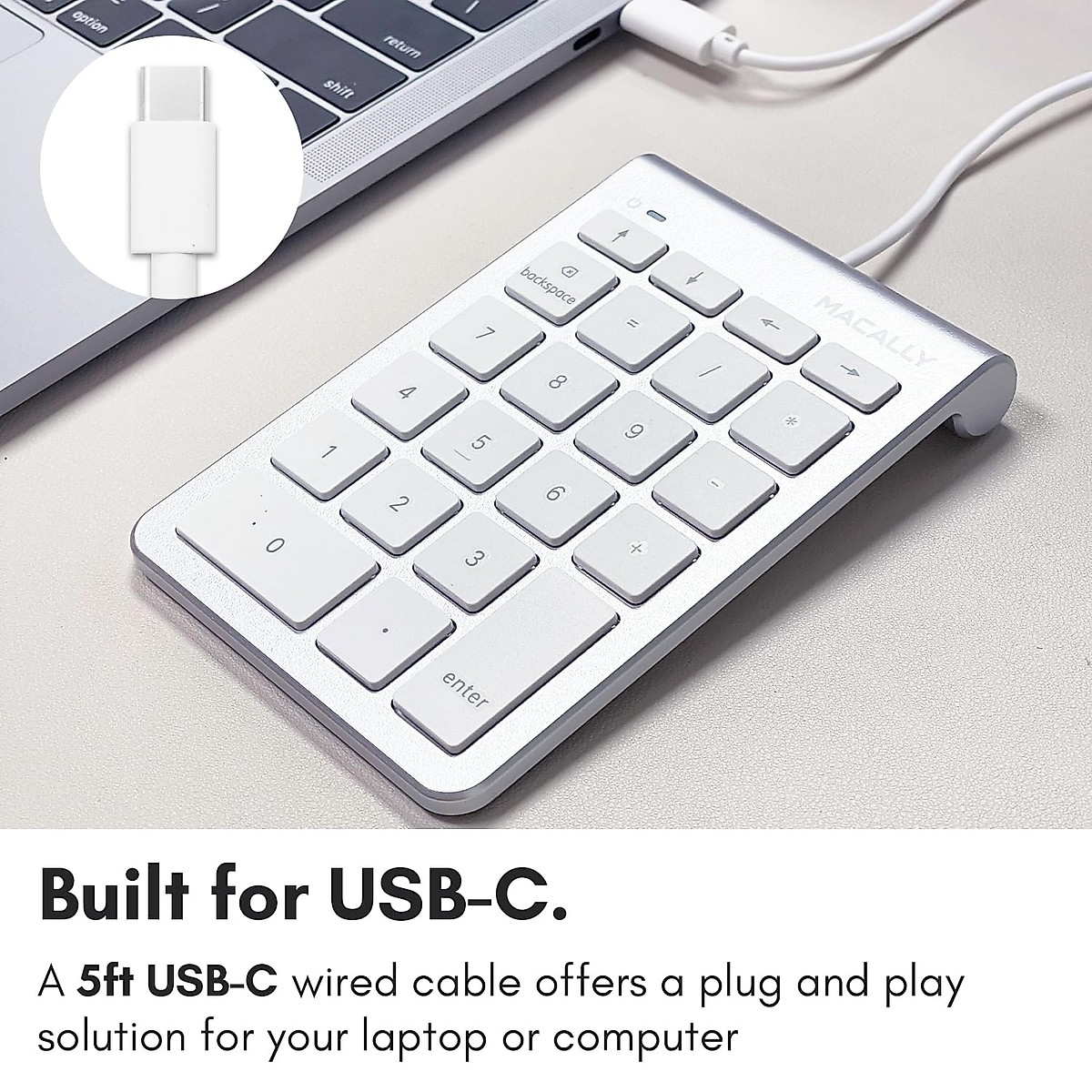 Macally Wired USB C Number Pad Keyboard - Type C Numeric Keypad for Laptop, Apple Mac iMac MacBook Pro/Air, iPad, Windows PC, or Desktop Computer - 10 Key USB Keypad Numpad with 5 Foot Cable