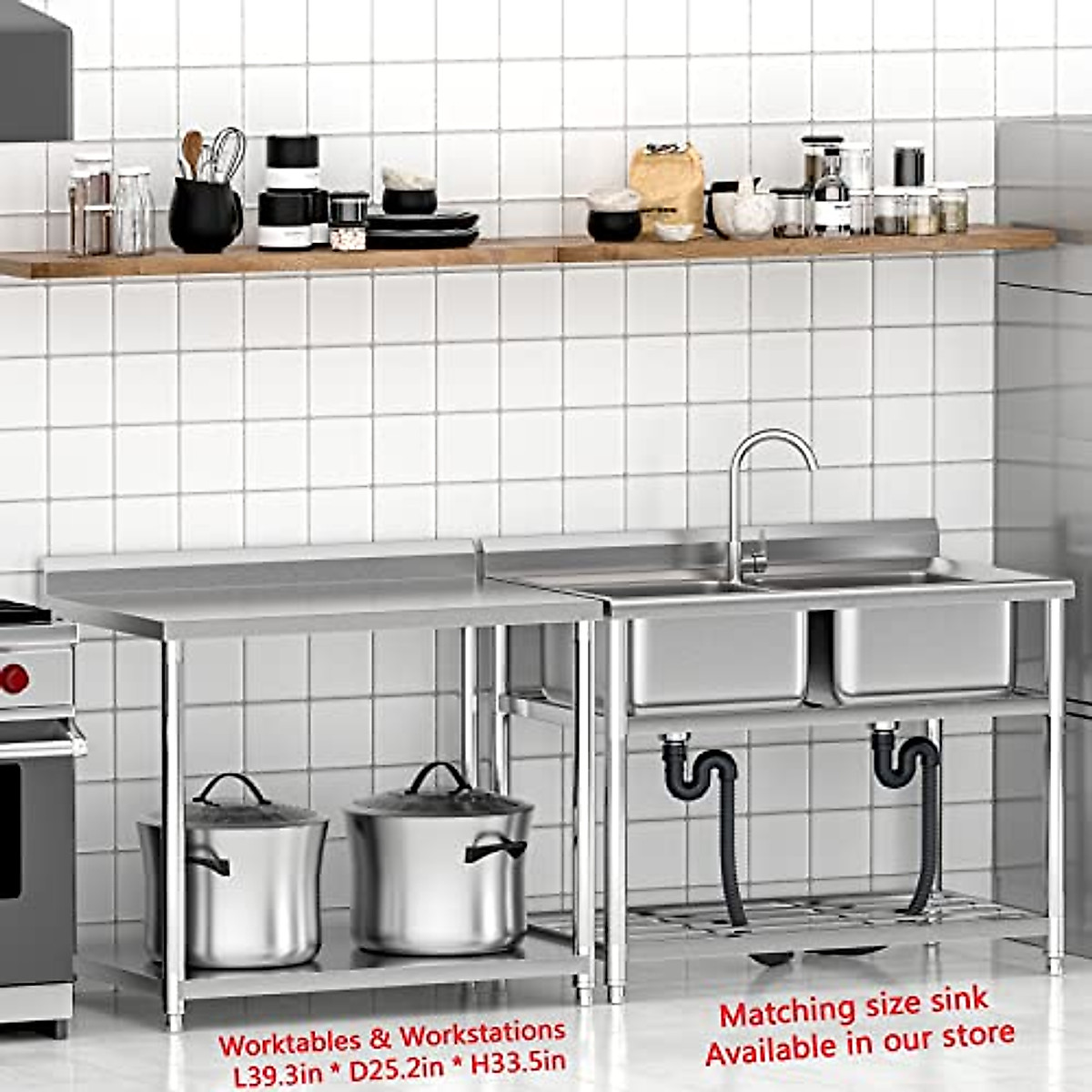 Stainless Steel Table for Prep & Work 40 x 25 Inches, Heavy Duty Commercial Work Table with Undershelf and Backsplash, Metal Prep Table for Outdoor, Indoor, Commercial Restaurant, Kitchen, Cafe, Hotel