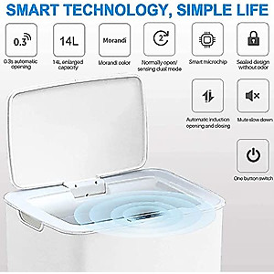 Touchless Trash Can with Lids, 14L Wastebasket Plastic Recycling Bin, Automatic Motion Sensor Kitchen Garbage Can, 3.7 Gallon Small Waste Container Bin for Home, Office, Bathroom, Living Room (White)