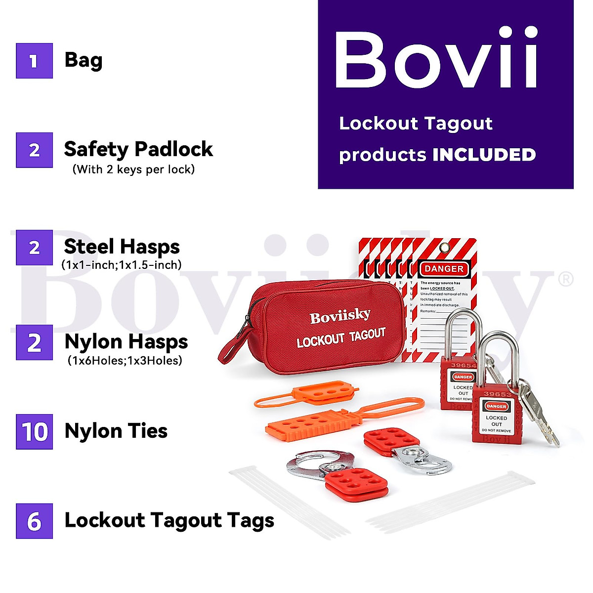Boviisky Lockout Tagout Kit with Red Safety Padlocks, Hasps Set, Loto Tags, Bag, Electrical Lock Out Tag Out Kits, Keyed Different, 2 Keys Per Locks