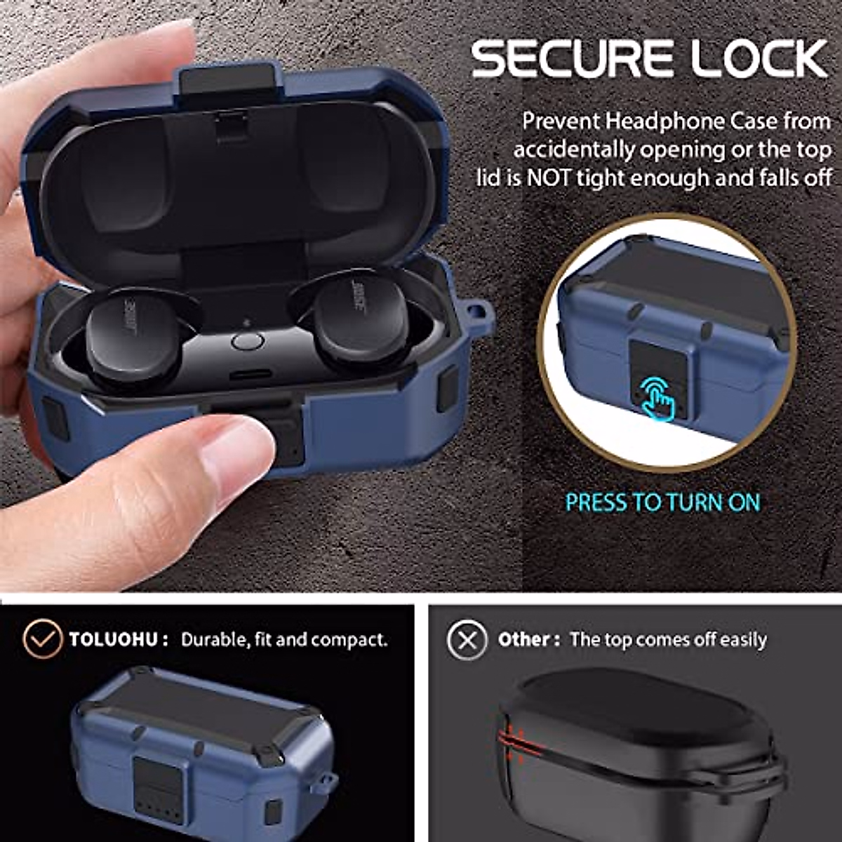 [with Lock] TOLUOHU Cover for Bose QuietComfort Earbuds Case, Shock-Absorbing Protective PC+TPU Security Lock Case Compatible with Bose QuietComfort Earbuds for Men Women with Keychain (Blue)