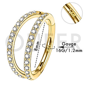 OUFER 14K Gold Helix Earrings Solid Gold Double Row Diamonds Septum Piercing Jewelry Hoop Cartilage Earrings Daith Tragus Earrings