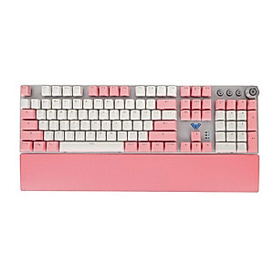 Mechanical Gaming Keyboard, with Multimedia Knob, Wrist Rest, Metal Panel, White LED Backlit, Pink and White PBT Keycaps, USB Wired Full-size Keyboard for Gamer Office PC Laptop Mac (Blue Switch)