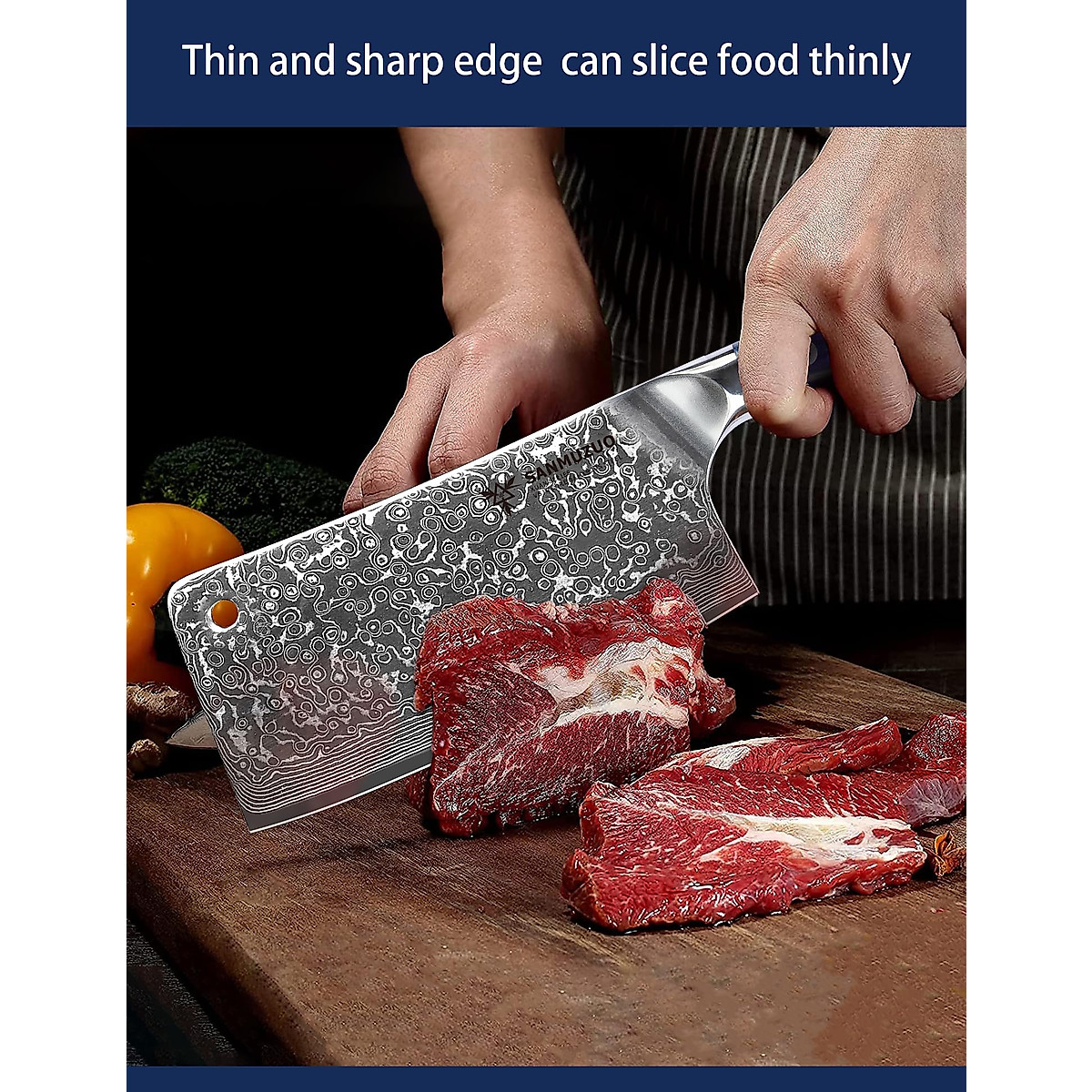 SANMUZUO Chopping Knife - 7 inch Cleaver Knife- Xuan Series - VG10 Damascus Steel Kitchen Knife - Resin Handle (Sapphire Blue)