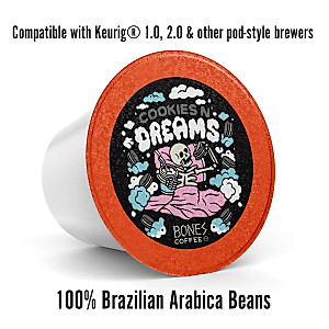 Bones Coffee Company Flavored Coffee Bones Cups Cookies 'N Dreams | 12ct Single-Serve Coffee Pods Compatible With 1.0 & 2.0 Keurig Coffee Maker | Chocolate Cookie & Vanilla Ice Cream Coffee Flavor