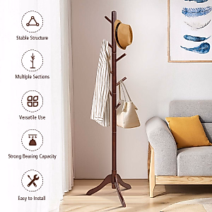 GOFLAME Coat Rack Freestanding, Wooden Entryway Coat Tree Hanger with 8 Hooks and 4 Sections, Height Adjustable Coat Stand for Home Office Hallway Entryway (Brown)