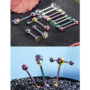 Prjndjw Jewelry, Rainbow, 12PCS, 5/8in(16mm) L. 14G Tongue Ring Surgical Stainless Steel Tongue Piercing Barbell Body Jewelry for Women