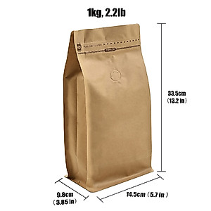 50 Pieces 1 Kg Kraft Paper Stand Up Coffee Bag/Flat Bottom Pouch with Air Release Valve and Reusable Side Zipper. (50pcs, 2.2lb/32oz/1kg)