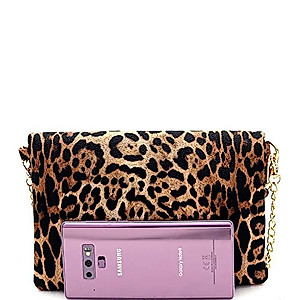 Trendeology Fashion PU Leather 2 Way Flap Clutch Wristlet Bag with Chain Shoulder strap (1Leopard Print - 1Tan)