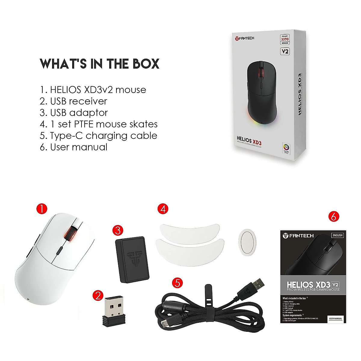 FANTECH Helios XD3 V2 Symmetrical Wireless RGB Gaming Mouse, PixArt 3370 19,000 DPI Kailh Switches 6 Programmable Buttons Professional Grade Small Size Mouse, Dual Modes Mouse, XD3V2 White