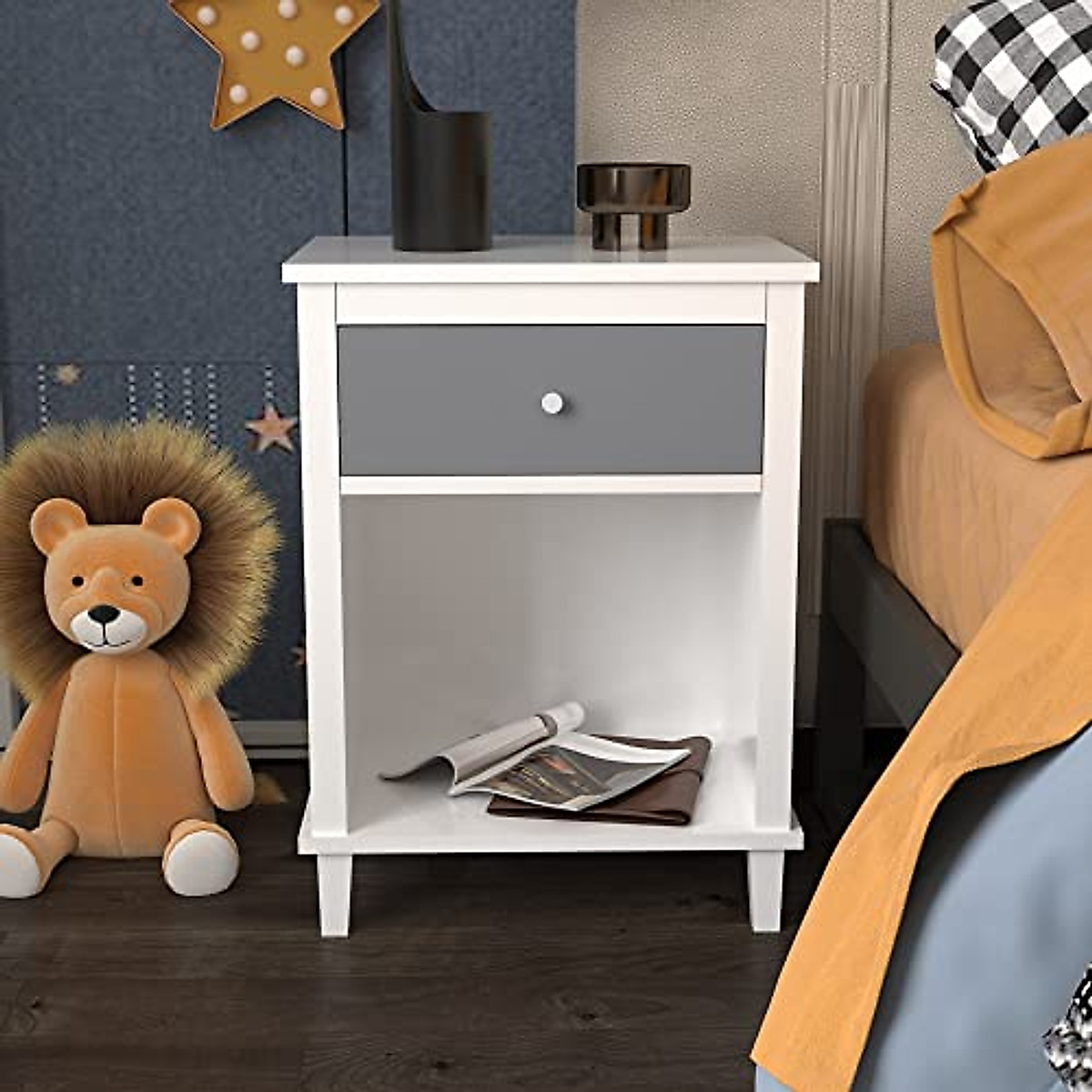 Leavader Wooden Nightstand for Kids Room, Bedroom Nightstand with 1 Drawer and 1 Lattice, Side Table with Storage End Table for Child Room, Baby Room, Small Spaces