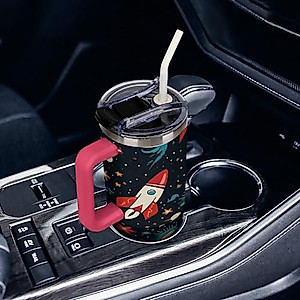 Cartoon Rockets 40 Oz Car Cup Stainless Steel Travel Mug Leak-Proof Insulated Tumbler with Handle Light Rose Red-style