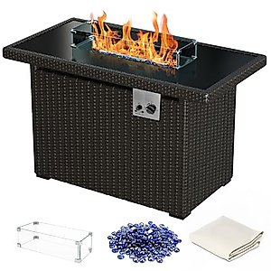 PRIMETEK 2-in-1 Fire Pit Table for Patio, Brown Wicker - 44", 50,000 BTU, Wind Guard, and Glass Rocks (FPH-BRN) (44" x 32" x 24")