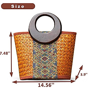 QTKJ Straw Beach Bag for Women, Summer Handmade Rattan Tote Bag, Round Wooden Handle, Boho Retro Straw Woven Handbag, Large Beach Bag for Vacation (Yellow)