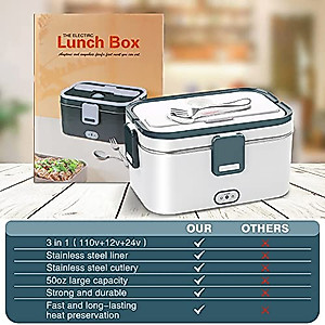 Onanuto Electric Lunch Box Food Heated 12V 24V 110V 3 in 1 Portable Food Warmer Heater 60W Lunch Box for Car/Truck/Home,1.5L Removable Stainless Steel Container, Fork & Spoon Included