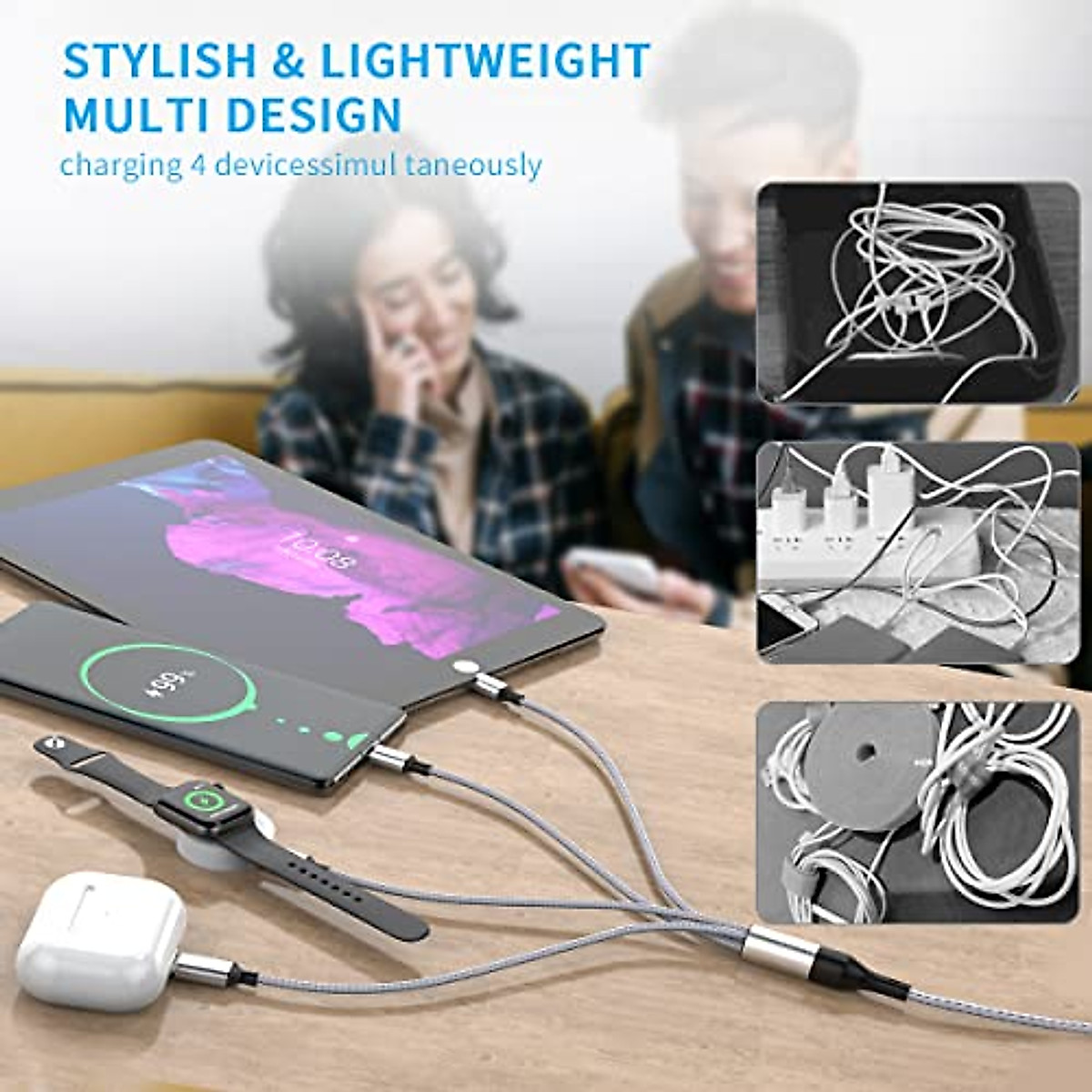 MTAKYI 5 in 1 Watch Charger Cable for iWatch 1.8M/6Ft Multi USB Universal Smart Watch Charging Cable Magnetic with Lightning+Micro USB+Type C for Aple Watch Series1-7/iPhone 13-6/Airpods/Android