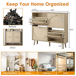 Shoe Cabinet, Modern Slim Hidden Shoe Organizer, Shoe Cabinet for Entryway,Slim Rattan Shoe Storage Cabinet,Shoe Rack Cabinet with Flip Drawers, Shoe Cabinet for Entryway W41.4 x D9.5 x H38.6