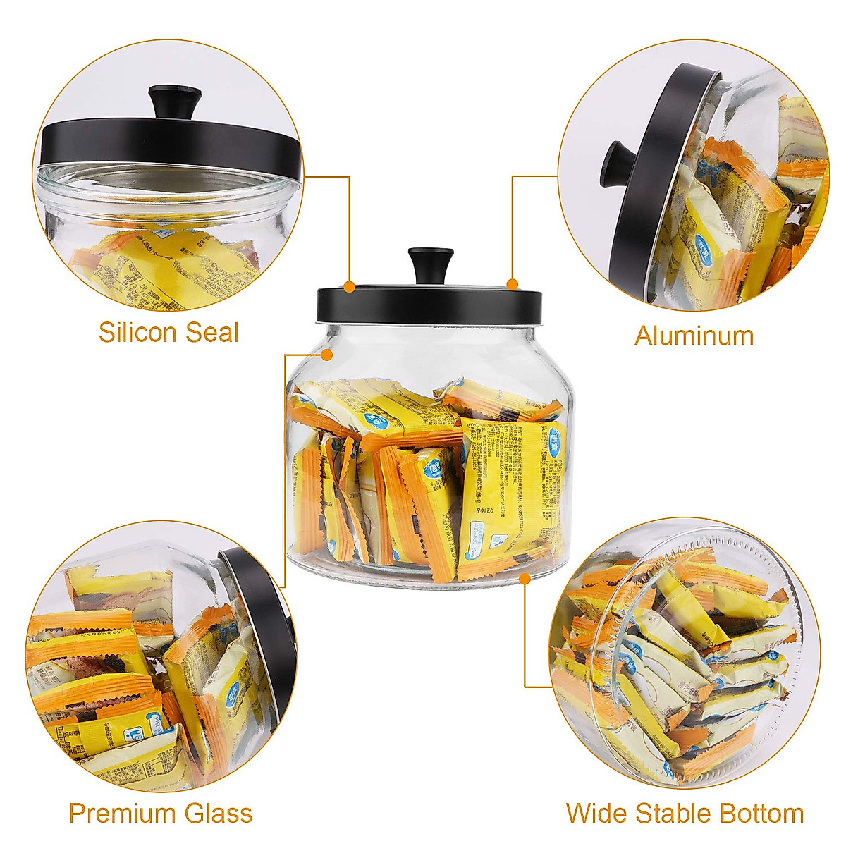 Glass Jars With Sealed Lids,Clear Glass Food Storage container with Black Brushed Metal lids,55 OZ(Set of 4)