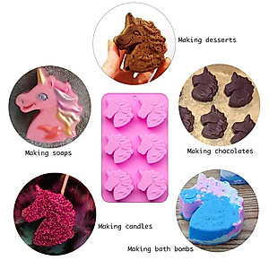 Fewo 6 Cavities Unicorn Head Cupcake Mold, Non-stick Unicorn Shaped Silicone Mould for Party Cakes Soaps Bath Bombs Jello Shots Kids' Baking Supplies