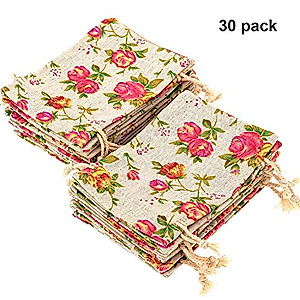 Pangda 30 Pieces Small Size Rose Drawstring Bags Burlap Flower Pouch Bags Linen Gift Bags Jewelry Pouches for Wedding DIY Craft Party (3.9 x 5.3 Inch)