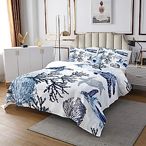 Erosebridal Turtle Bedding Set Twin White Blue Sea Hawaiian Turtle Coverlet Set for Kids,Tortoise Bedspreads Ocean Beach Theme Quilt Underwater Turtle Print Children Bed Set for Summer Winter