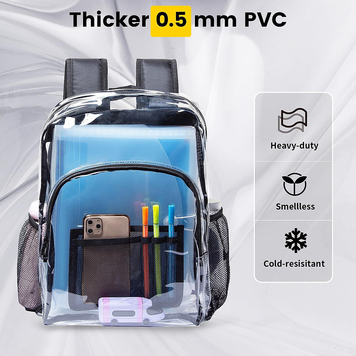 Vorspack Clear Backpack Heavy Duty PVC Transparent Backpack with Reinforced Strap for College Workplace - Black