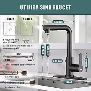 Matte Black Bathroom Sink Faucet with Pop-up Drain and Supply Hose, 4 inch Faucet for Bathroom Sink Vanity, Kitchen Faucet with Pull Down Sprayer, Kitchen Faucets for Sink 3 Hole Bar Rv Camper Laundry