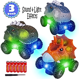 Dinosaur Cars with LED Light & Sound Dino Car Toys Car Gifts Animal Vehicles Monster Truck Playset for Boys Girls Toddles Kids Birthday Gifts Classroom Prize (3 Pack)