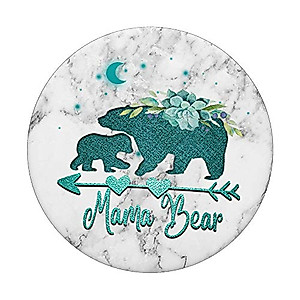Floral Teal Mama bear with One cub White Gray Background PopSockets Swappable PopGrip