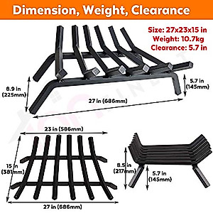 INNFINEST Fireplace Log Grate 27 inch 6 Bar Fire Grates Heavy Duty 3/4” Wide Solid Steel Indoor Chimney Hearth Outdoor Fire Place Kindling Tool Pit Wrought Iron Wood Stove Firewood Burning Rack Holder
