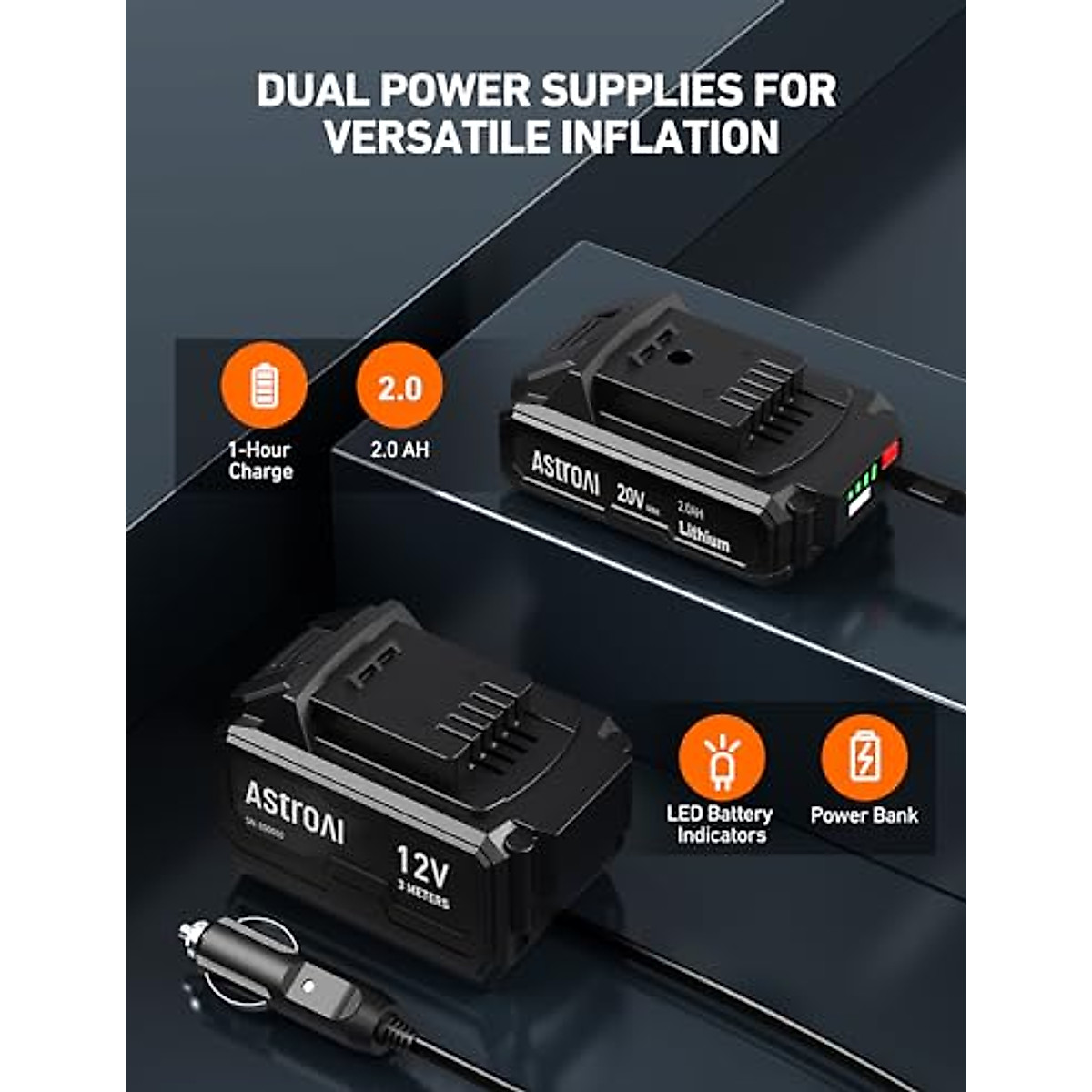 AstroAI Cordless Tire Inflator Air Compressor 20V Rechargeable Battery Powered 160PSI Portable Handheld Air Pump with 12V Car Power Adapter Digital Pressure Gauge for Cars Motorcycles JY16P160-18（C2）