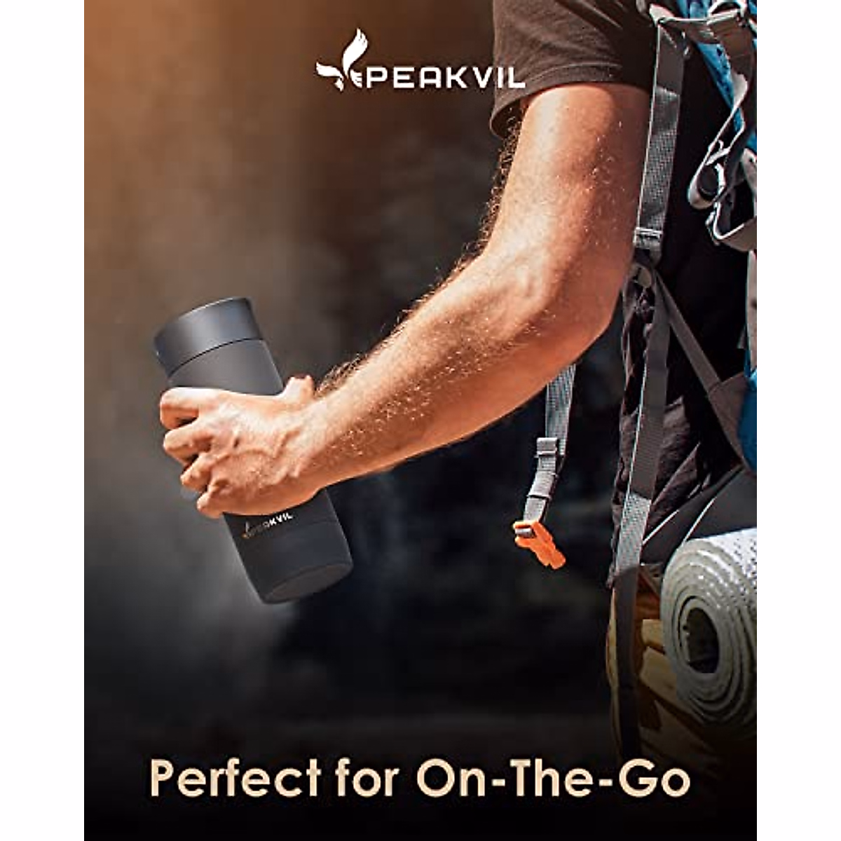 Peakvil 12 oz Insulated Thermos Travel Coffee Mug with Push Button Lid - Leakproof Reusable 304 Stainless Steel Tumbler Cup for Keep Hot/Ice, Coffee, Tea, Water