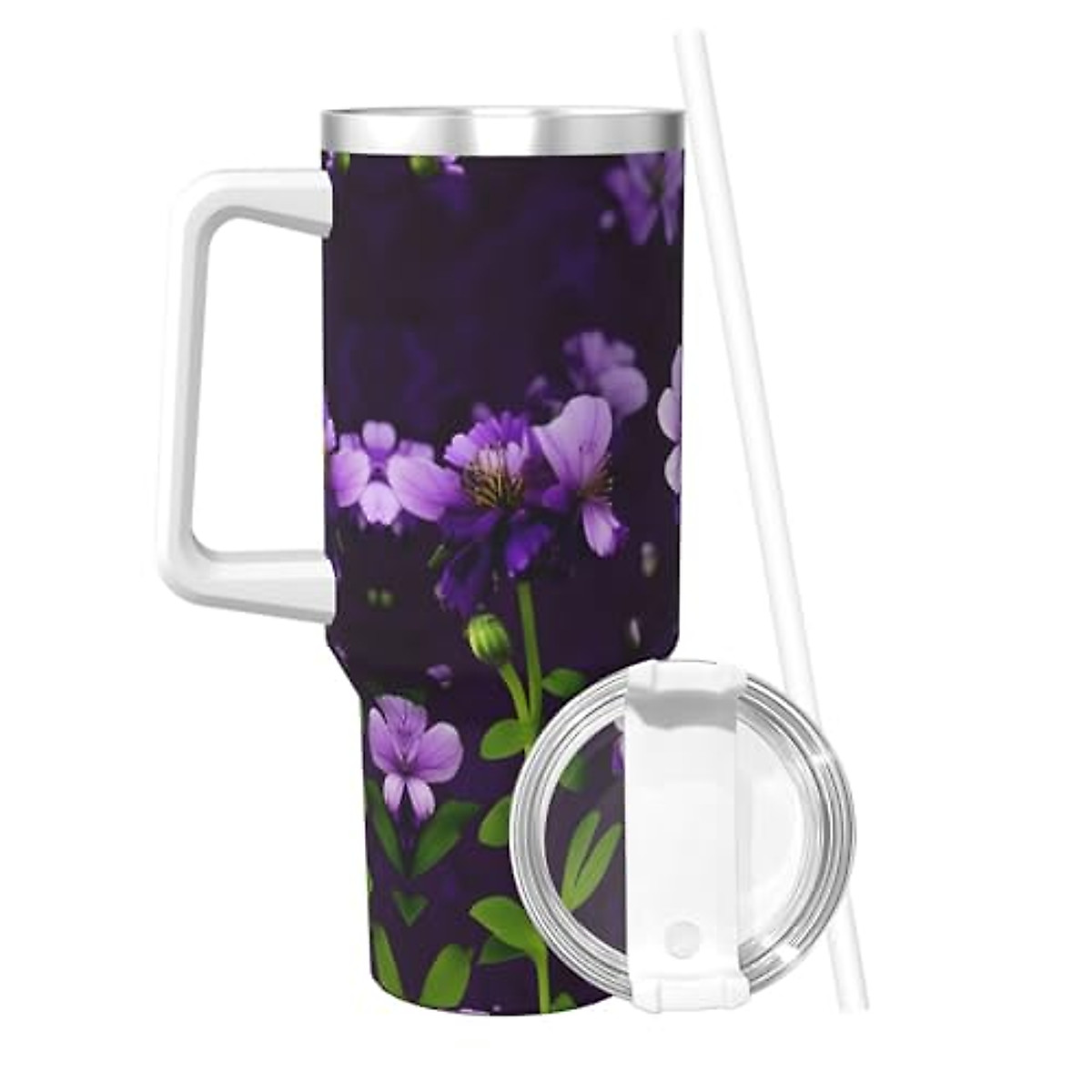 HULIBIN Blooming Purple Flowers Print Double Deck Stainless Steel Travel Coffee Cup With Lid 40 Oz Ice Bully Cup