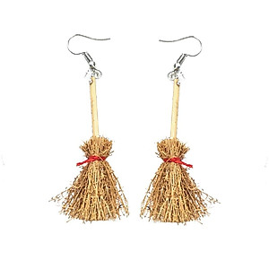 Cute Broom Earrings Handmade Witch's Flying Straw Broom Earrings for Women