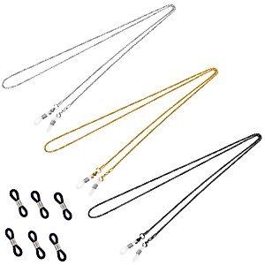 Whaline 3 Pieces Eyeglasses Chain Sunglass Neck Strap Holder with 6 Pcs Adjustable Rubber Ends Connectors (Silver Golden Black)