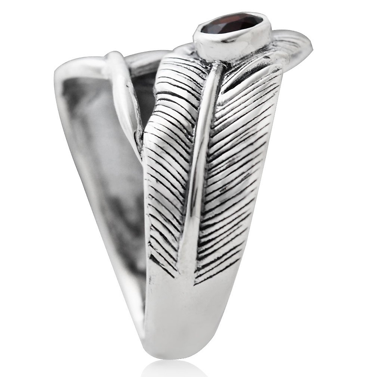 Silvershake Natural Garnet 925 Sterling Silver Bypass Feather Ring Size 8