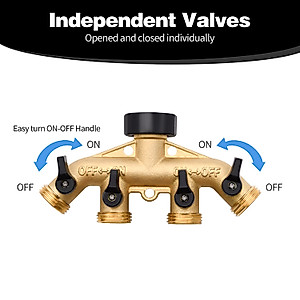 4 Way Hose Splitter with 4Pcs Garden Hose Extension Adapter, Brass Garden Hose Splitter Set, Hose Spigot Adapter with 4 Valves and 12 Rubber Washers & 4 Tapes (4 Way Splitter with 4Pcs hose protector)