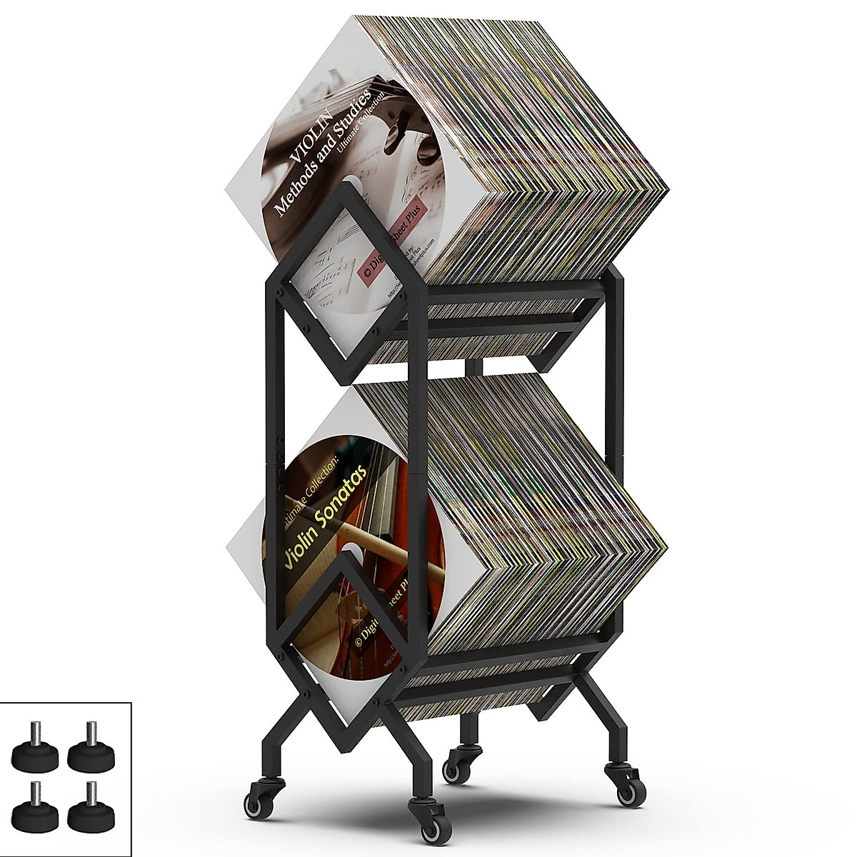 GiftGo Mobile 2 Tier Vinyl Record Storage Holder Black Metal Display Stand with Casters Easy to Move LP storage Book Album Storage Magazine Office Files Organizer Shelf