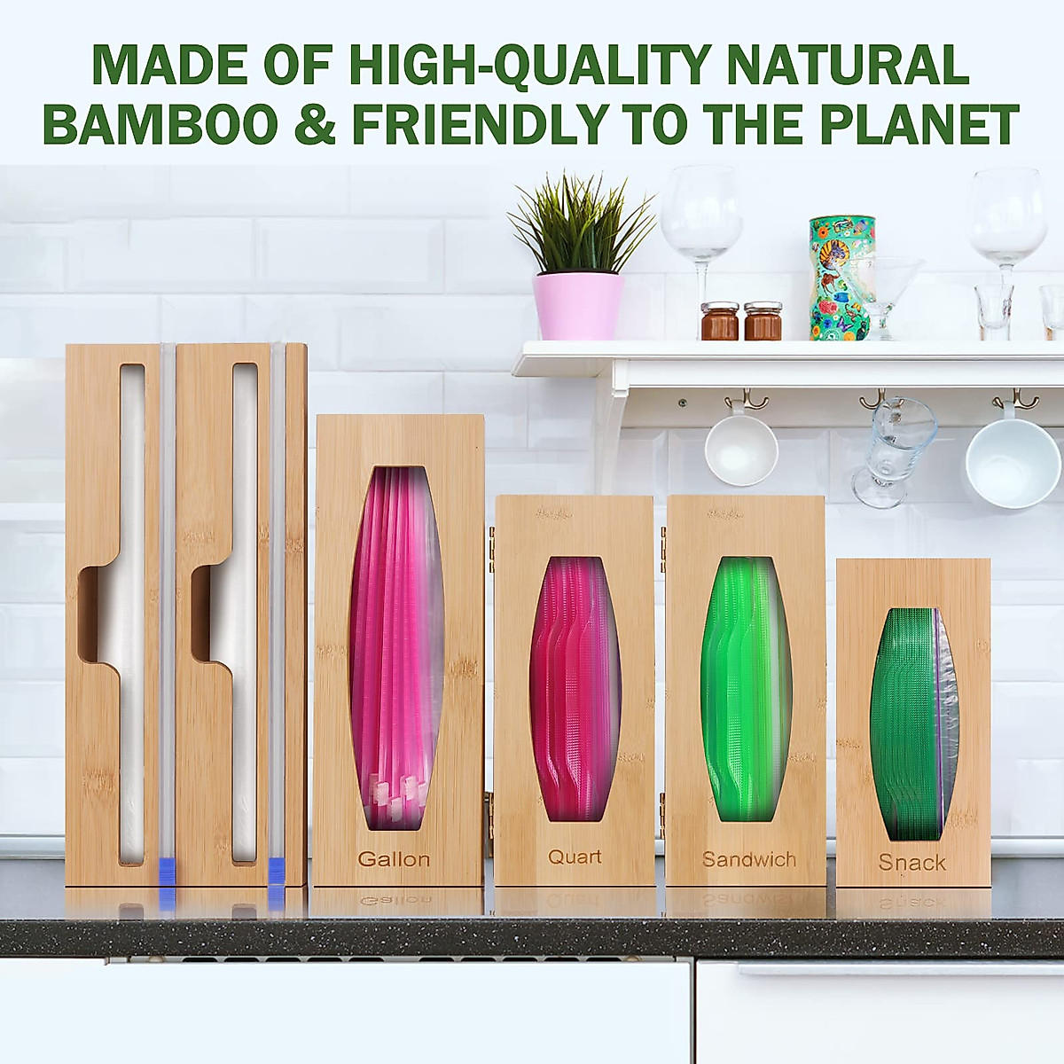 MapleGrace 6 in 1 Openable Bag Organizer for Kitchen Drawer Foil and Plastic Wrap Organizer with Cutter, Separate Storage Bag Organizer for Kitchen Storage, for Gallon,Quart,Sandwich,Snack