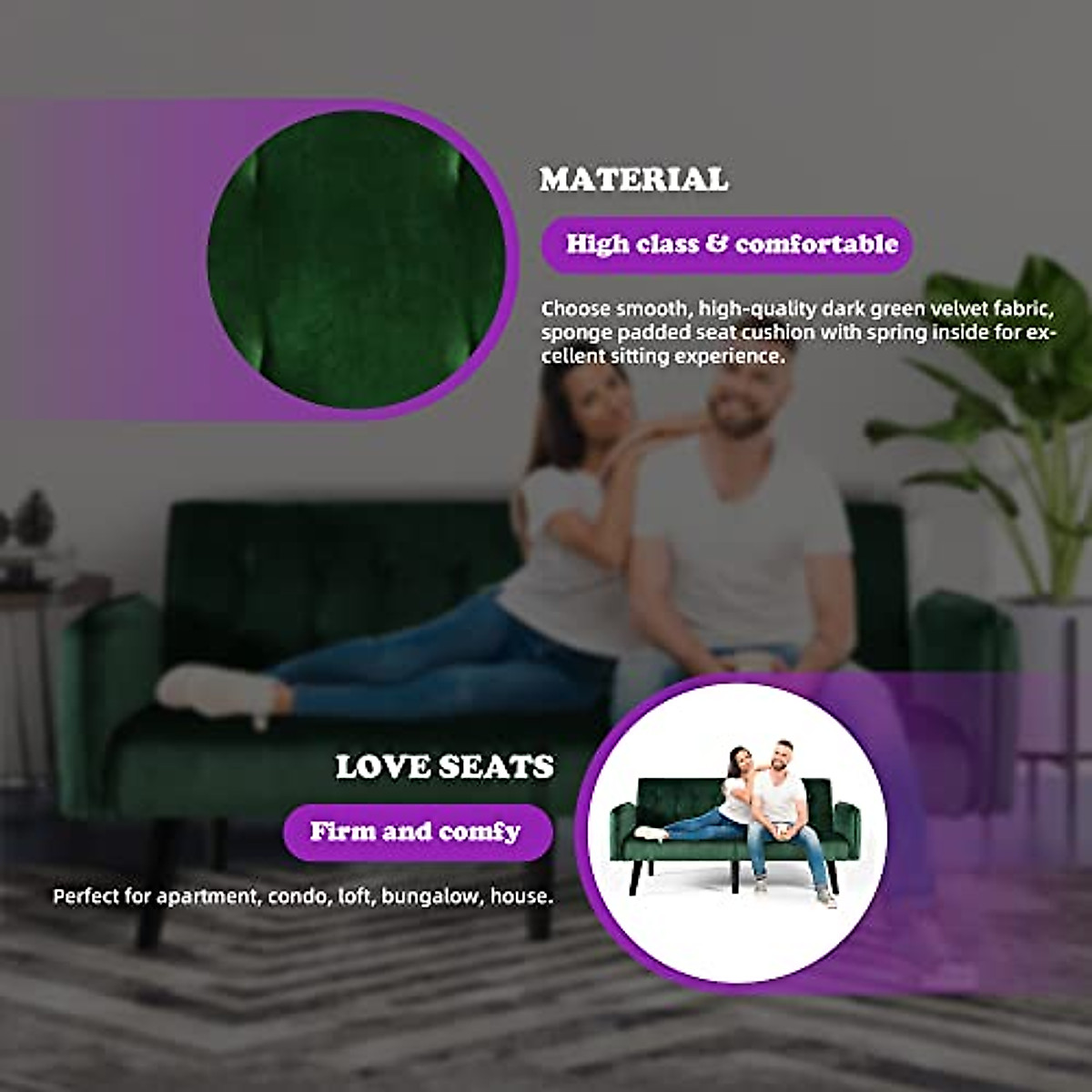 TYBOATLE 65" W Velvet Modern Convertible Folding Futon Couch Sofa Bed w/ 2 USB Charging Ports and arms, Loveseat for Compact Living Space, Dorm, Game Studio, Bonus Room, Apartment, Bedroom (Green)