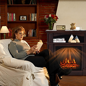 COSTWAY 32-inch Electric Fireplace with Mantel, 1400W Adjustable Freestanding Heater with Remote Control, Thermostat Design, 6H Timer, 3D Flame Brightness, Mantel Fireplace for Living Room, Brown