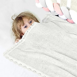 TRENDSTITCH 100% Cotton Baby Blanket Knit Lace Soft Warm Toddler Blanket,30 x 40 Inches，White