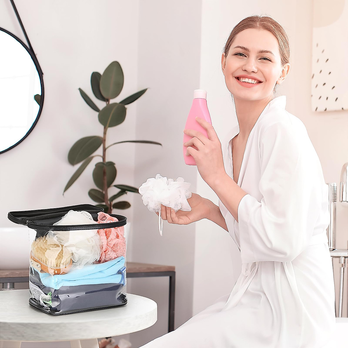 HAOGUAGUA Heavy Duty Leak Proof Clear Travel Bags for Toiletries, Transparent Makeup Cosmetic Bag with Zipper and Handle (Large, Black)