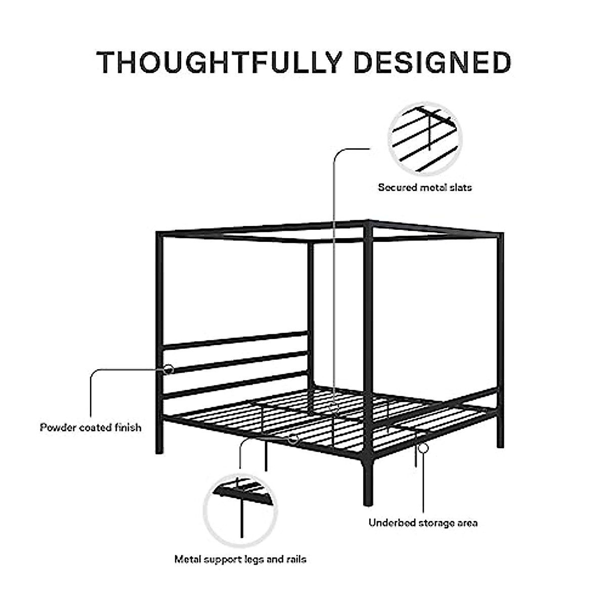 DHP Modern Metal Canopy Platform Bed with Minimalist Headboard and Four Poster Design, Underbed Storage Space, No Box Spring Needed, King, Black