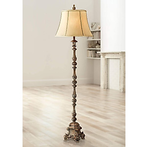 Regency Hill Rustic French Country Traditional Style Floor Lamp Standing 62" Tall Faux Wood Antique Candlestick Beige Silk Fabric Bell Shade Decor for Living Room Reading House Bedroom Home