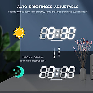 Led Digital Alarm, 3D Wall Clock Desk Auto Dimming 12/24 Hour Date Temperature Home Decor Remote Control Silent Snooze USB Nightlight Bedroom Living Room Kitchen Office 9.7inch Cool White