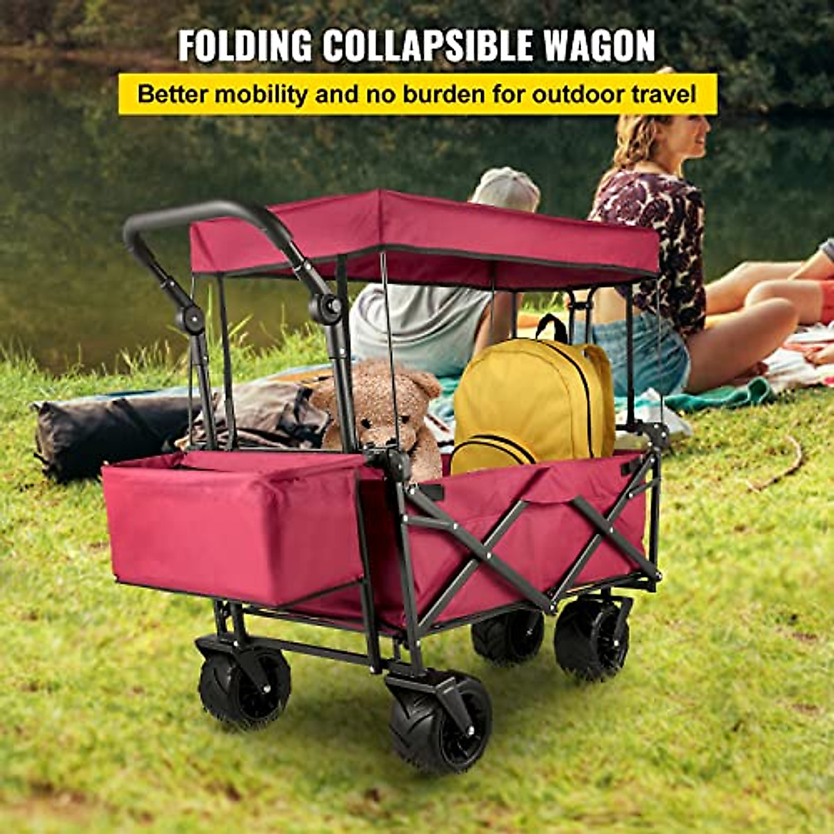 Happbuy Extra Large Collapsible Garden Cart with Removable Canopy, Folding Wagon Utility Carts with Wheels and Rear Storage, Wagon Cart for Garden, Camping, Grocery Cart, Shopping Cart, Red