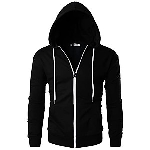 Ohoo Mens Slim Fit Lightweight Zip Up Hoodie with Pockets Long Sleeve Full-Zip Hooded Sweatshirt/DCF002-BLACK-M